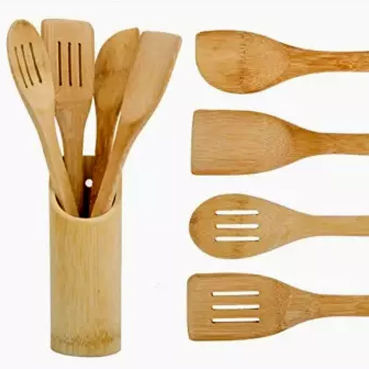 Bamboo Cooking Spoon 4 Pieces Set With Stand | Atlantis